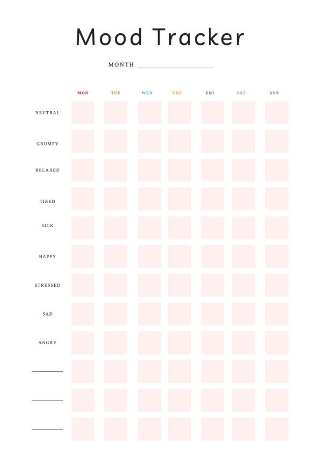 Mood Tracker PDF - Grid Emotion Planner - Monthly Journal - Coloring ...