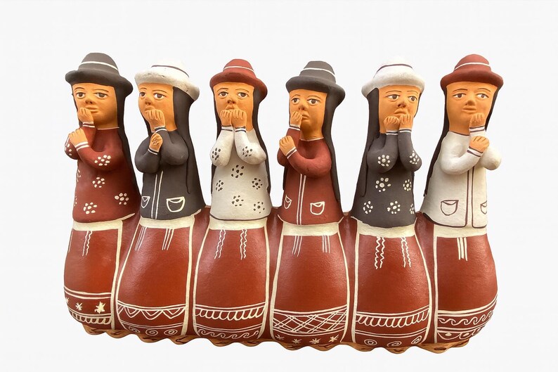 Peruvian Folk Art Pottery Whistle Statue: Clay Figurine of Four ...