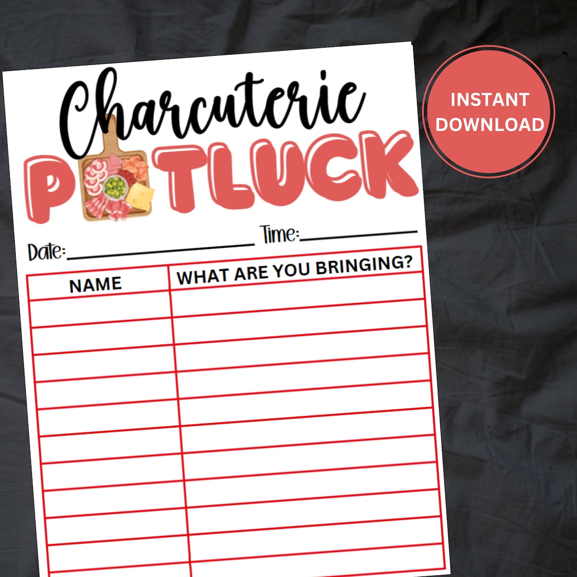 Printable Potluck Sign-up Sheet | Charcuterie Board Party Form | Office ...