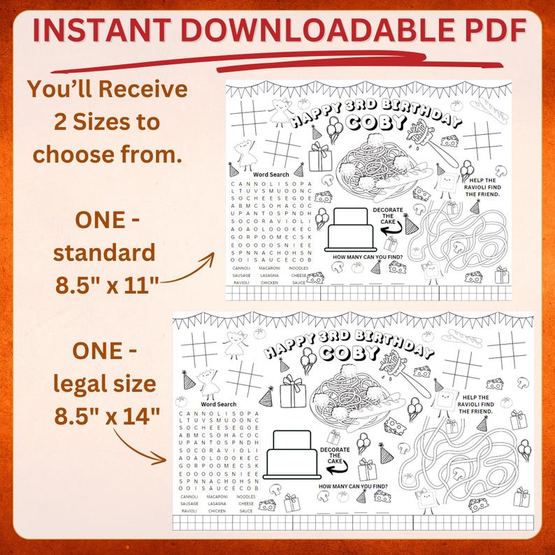 Editable Pasta Party Placemat Printable Italian Birthday Coloring ...