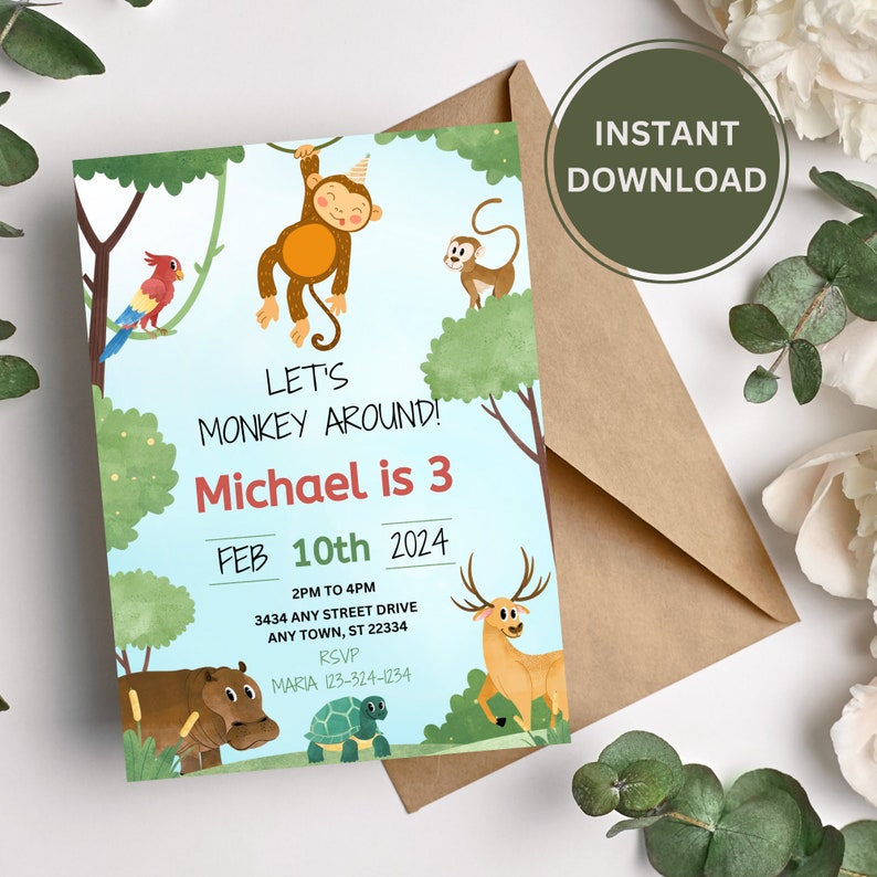 DIY Editable Monkey Birthday Party | Invitation Template Monkey Invitation | Jungle Theme ...
