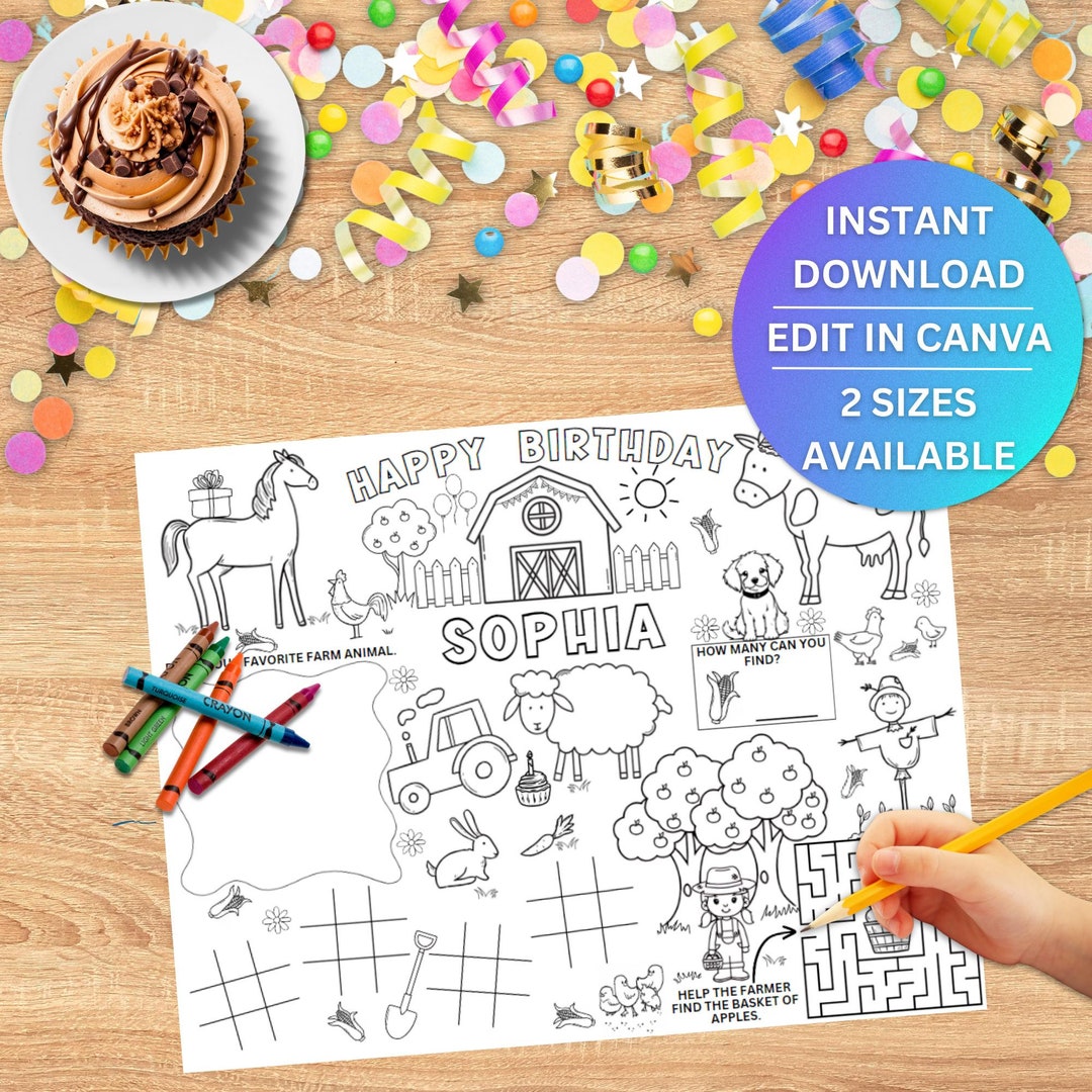 Farm Animals Birthday Activity Placemat | Editable Coloring Page Party ...