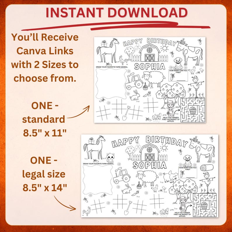 Farm Animals Birthday Activity Placemat | Editable Coloring Page Party ...