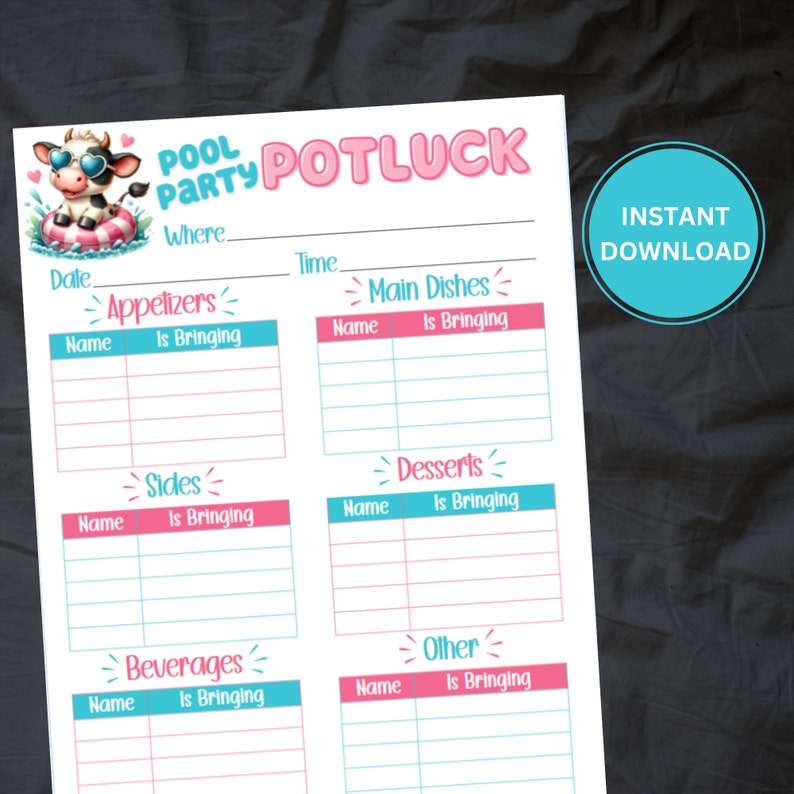 Printable Potluck Sign-up Sheet | Summer Pool Party Potluck | Pool ...