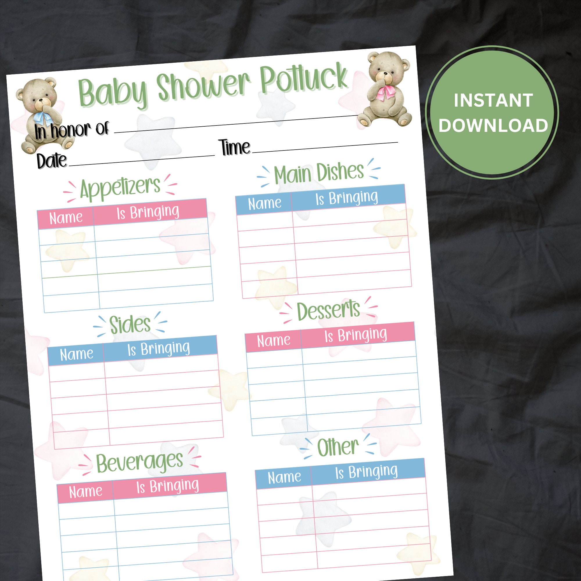 Printable Potluck Sign-up Sheet | Baby Shower Office Party Form | Boy ...