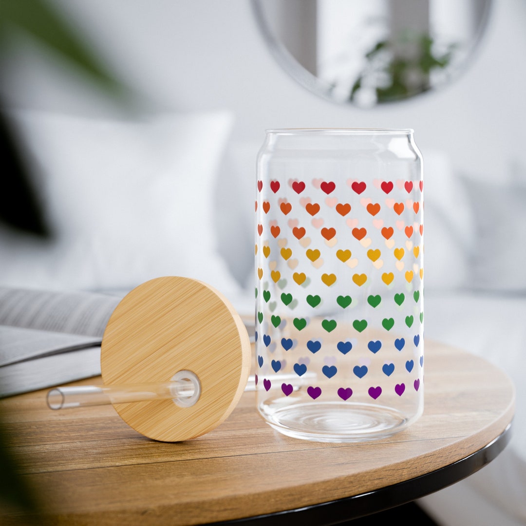 Heart Rainbow Libby Glass Pride Sipper Glass 16oz Glass With Lid and ...