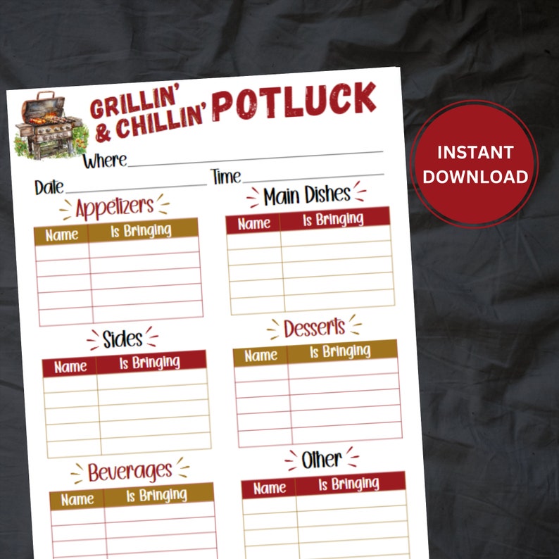 Printable Potluck Sign-up Sheet | Summer BBQ Party Form | Instant ...