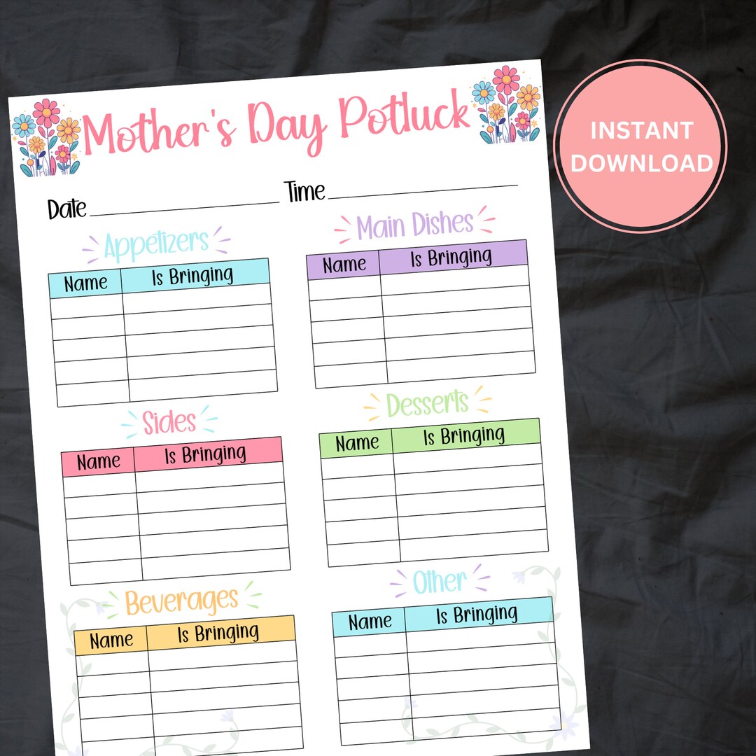 Downloadable Potluck Sign-up Sheet | Mother's Day | Mother's Day ...