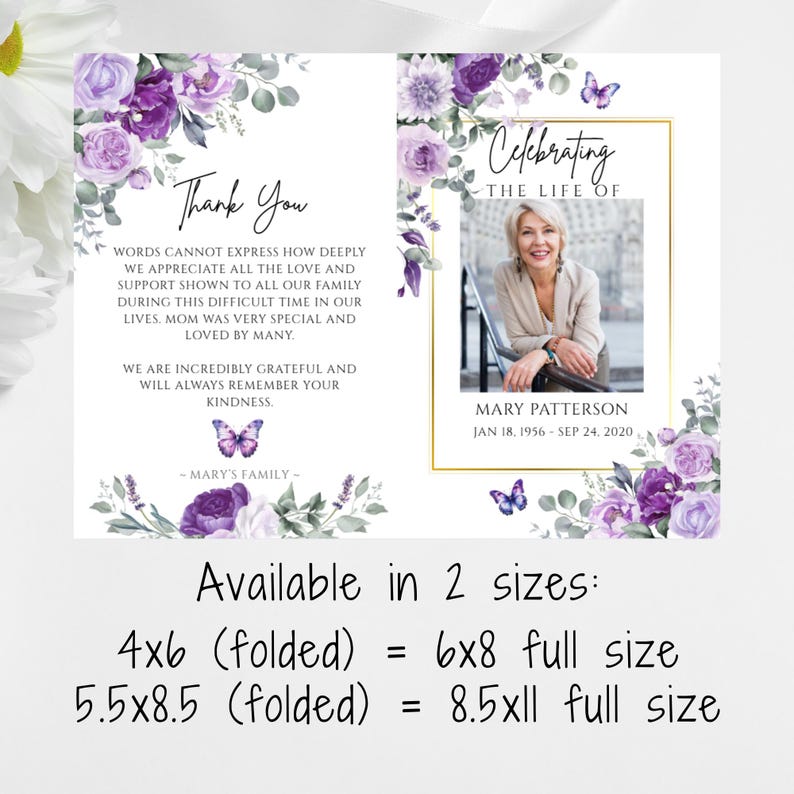 DIY Funeral Program Purple Butterflies Editable Memorial Template ...