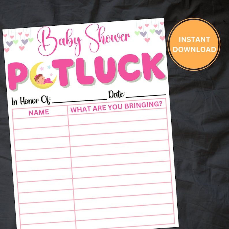Downloadable Potluck Sign-up Sheet | Pink Girl Baby Shower Form ...