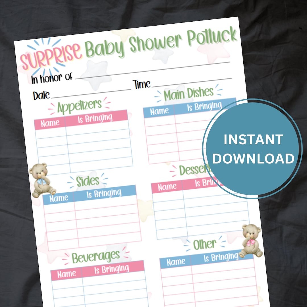 Surprise Baby Shower Potluck Sign-up Sheet | Printable Food List ...