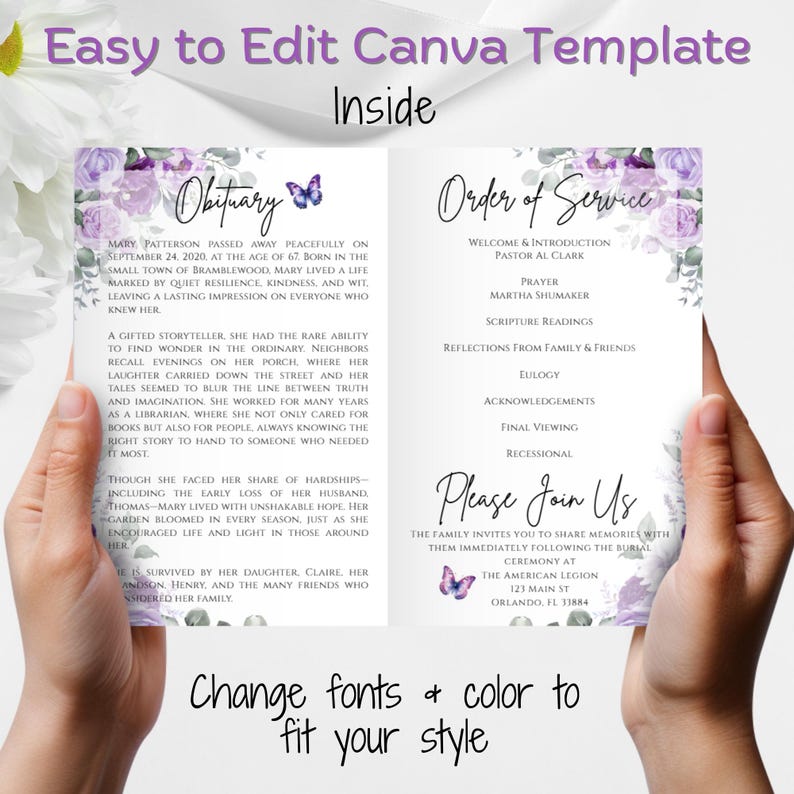 DIY Funeral Program Purple Butterflies Editable Memorial Template ...