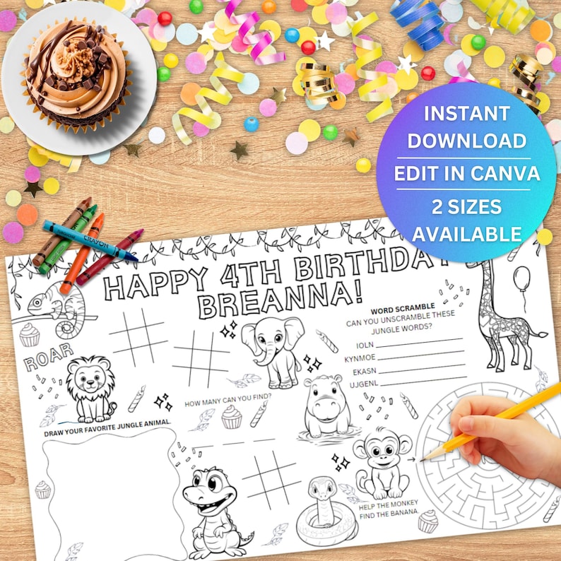 Editable Jungle Coloring Placemat - Kids Birthday Activity - Safari ...