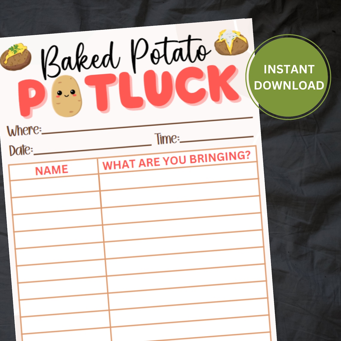 Downloadable Baked Potato Potluck Sign-up Sheet | Printable Office Form ...