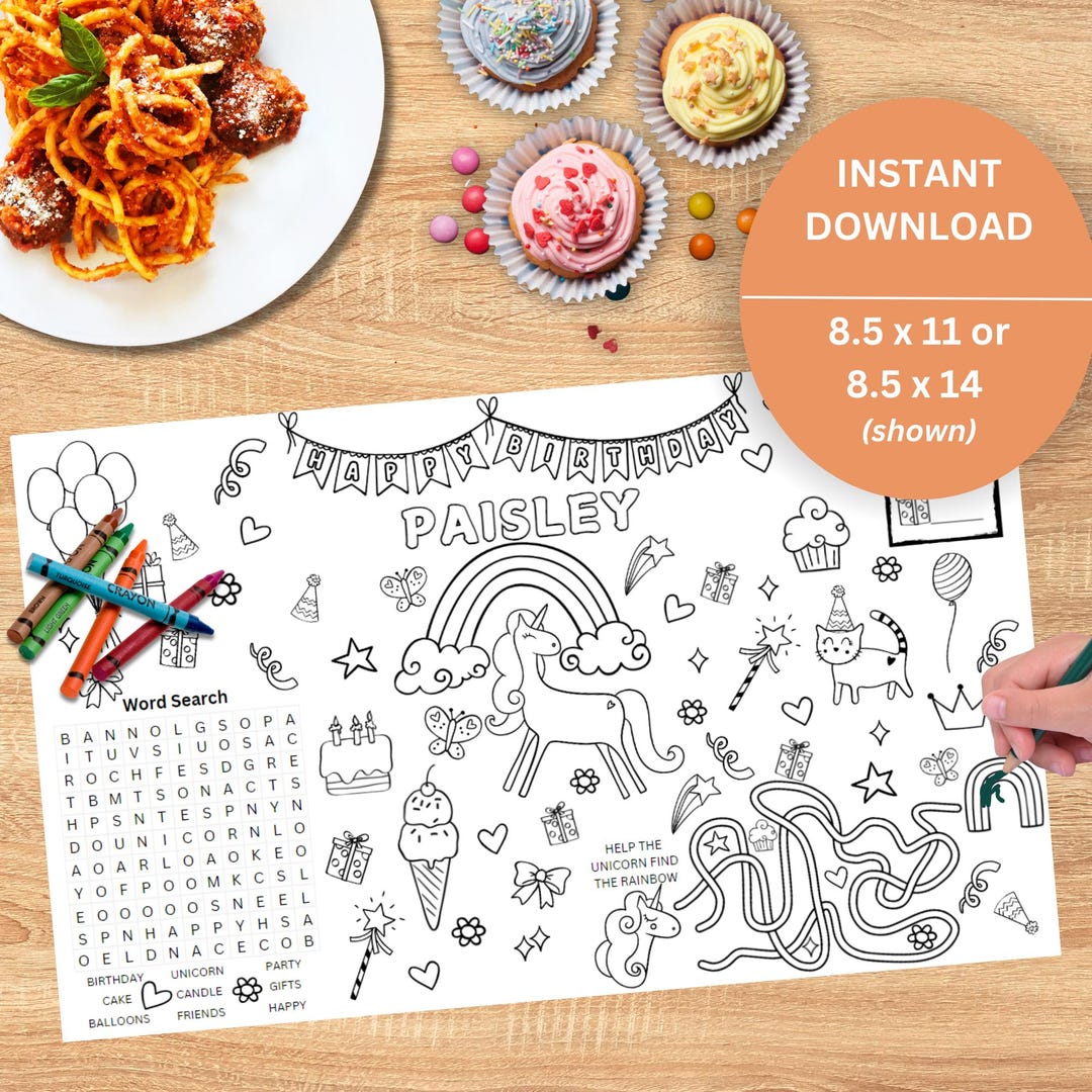 Editable Unicorn Party Coloring Placemat - Printable Games Page ...