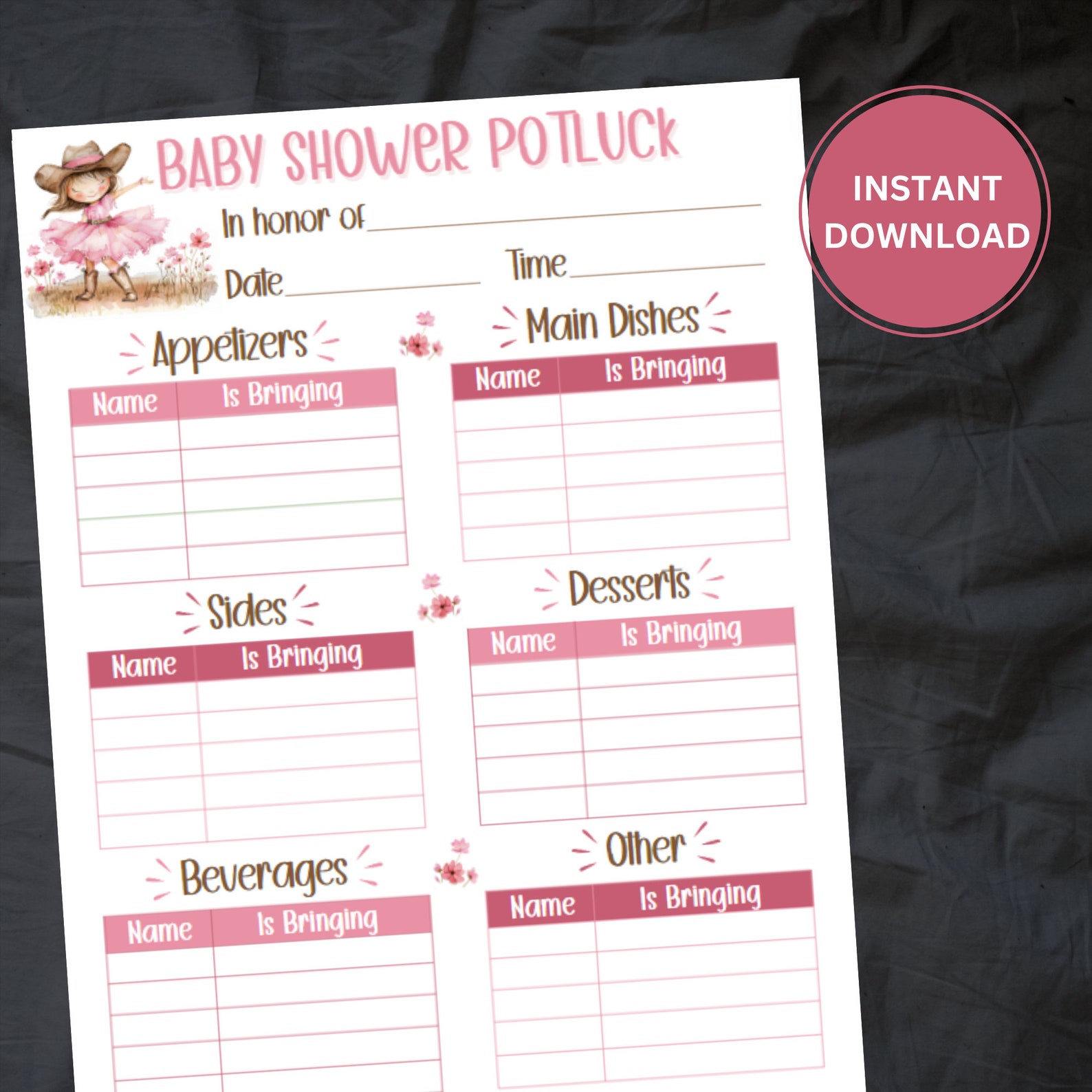Printable Potluck Sign-up Sheet | Cowgirl Baby Shower Potluck | Baby ...