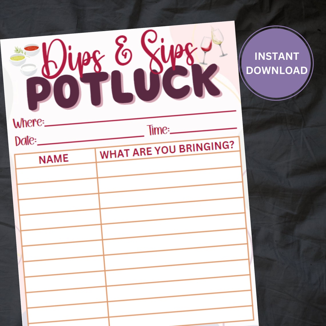 Printable Potluck Sign-up Sheet | Dips and Sips Form | Wine Party ...