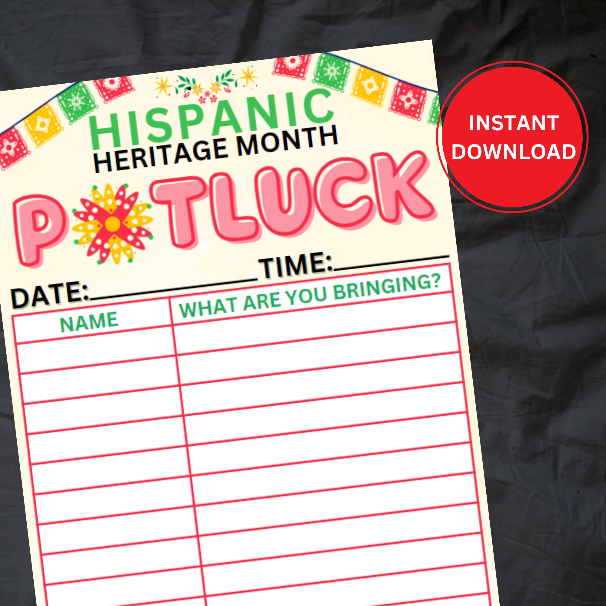Hispanic Heritage Month Printable Potluck Sign-up Sheet | Potluck Form ...
