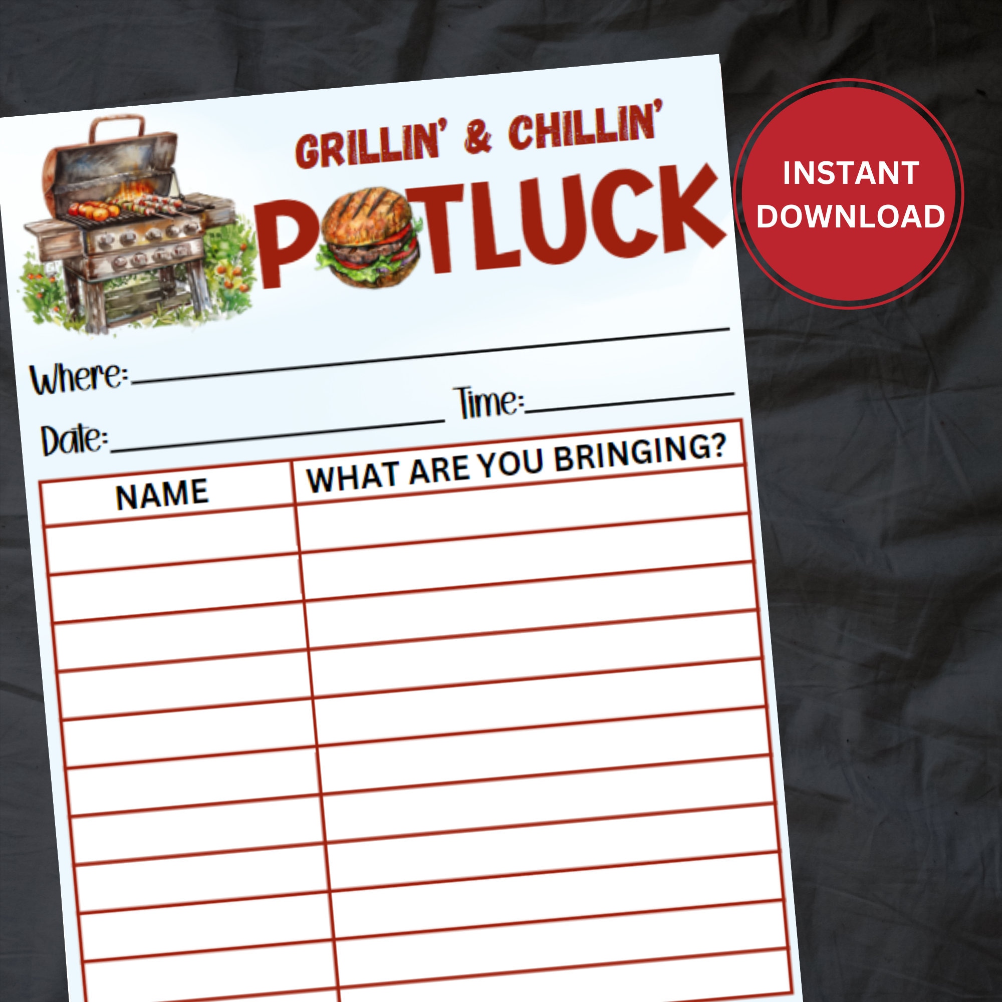 Printable Potluck Sign-up Sheet | Summer BBQ Party Potluck | BBQ ...