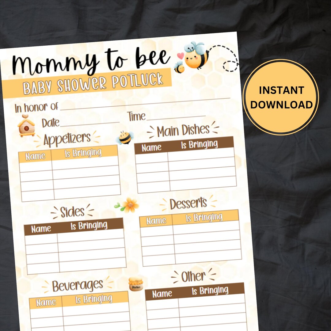 Mommy to Bee Baby Shower Potluck - Honey Bee Baby Potluck Form - Gender ...