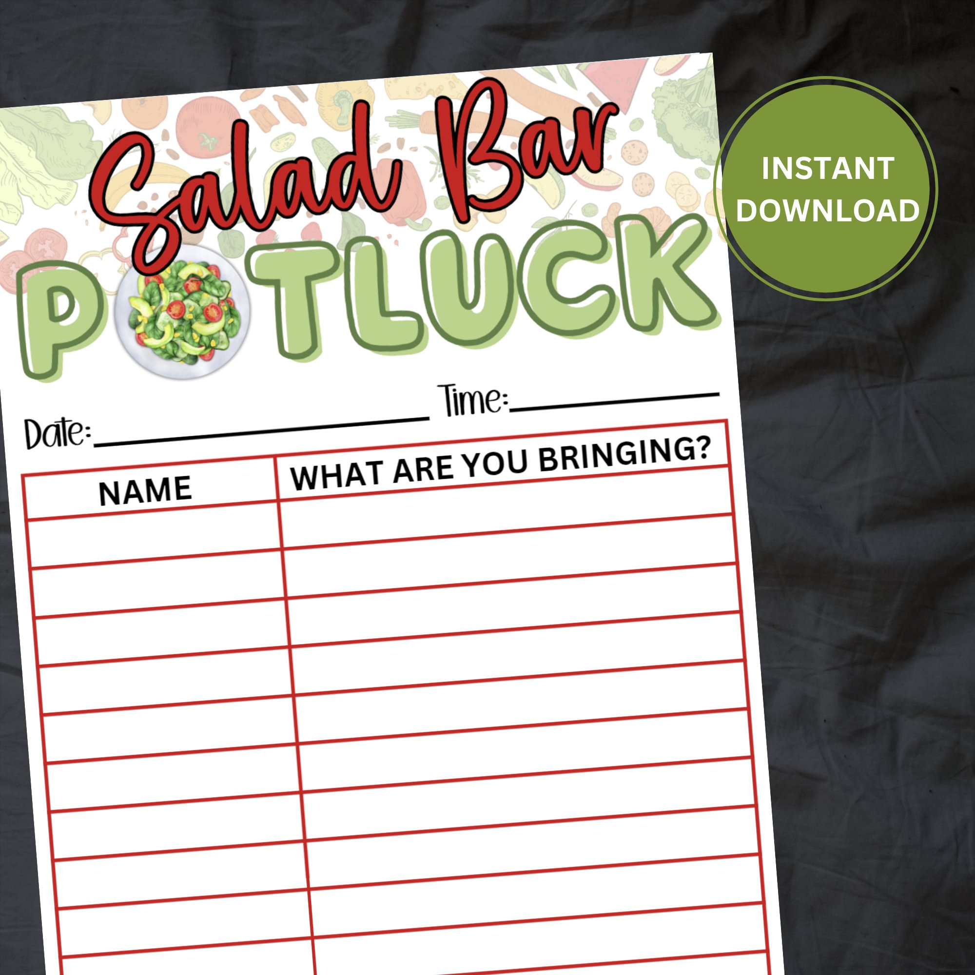 Salad Bar Potluck Sign up Form | Downloadable Summer Office Party Sheet ...