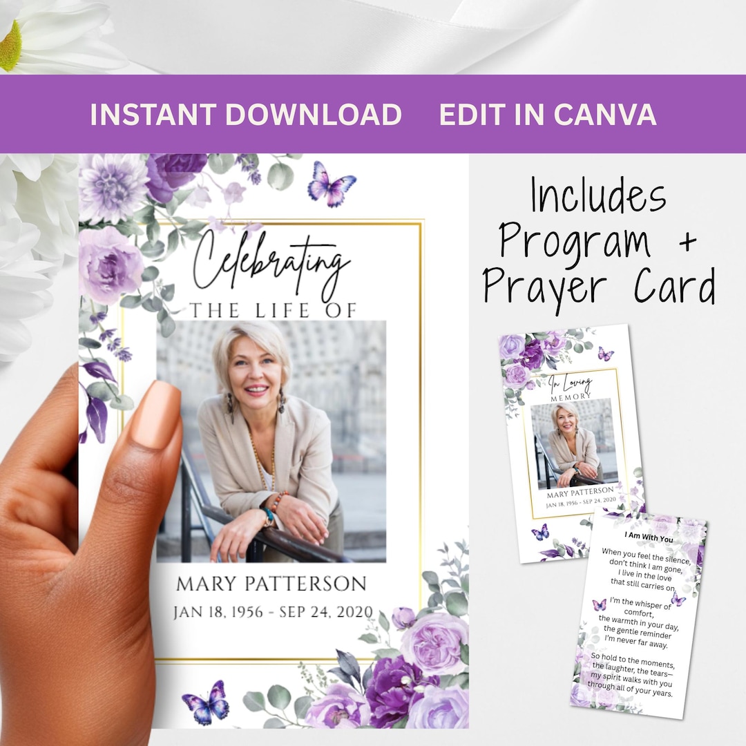 DIY Funeral Program Purple Butterflies Editable Memorial Template ...