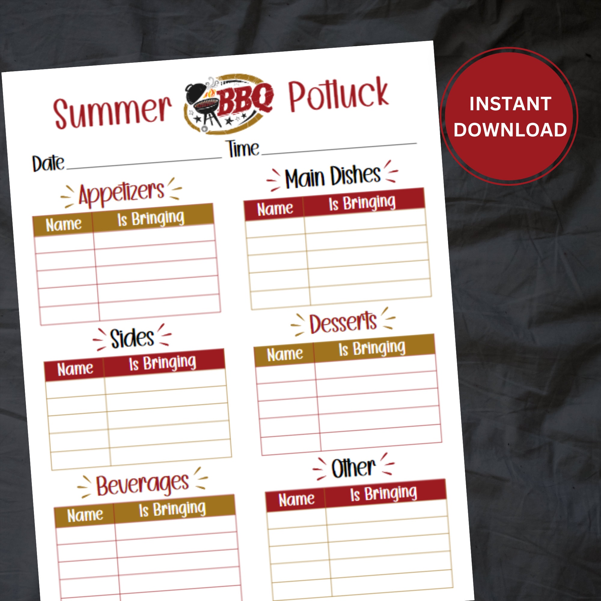 Printable Potluck Sign-up Sheet | Summer BBQ | Barbeque Potluck Form ...