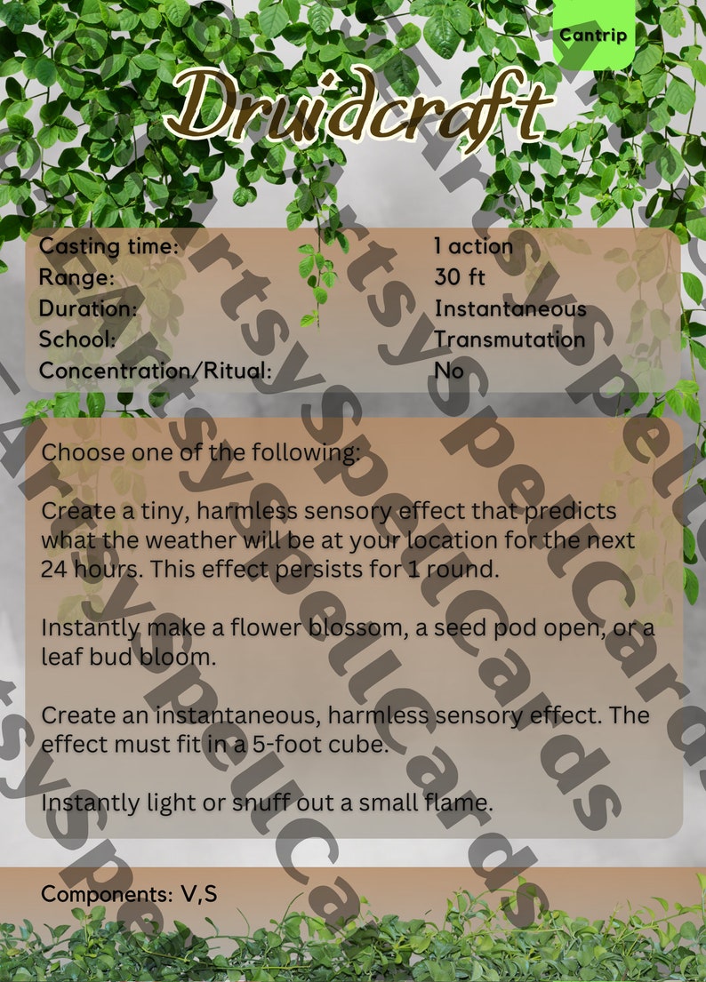Druid 5E Compatible Artsy Cantrip & Level 1 Printable Spell Cards - Etsy