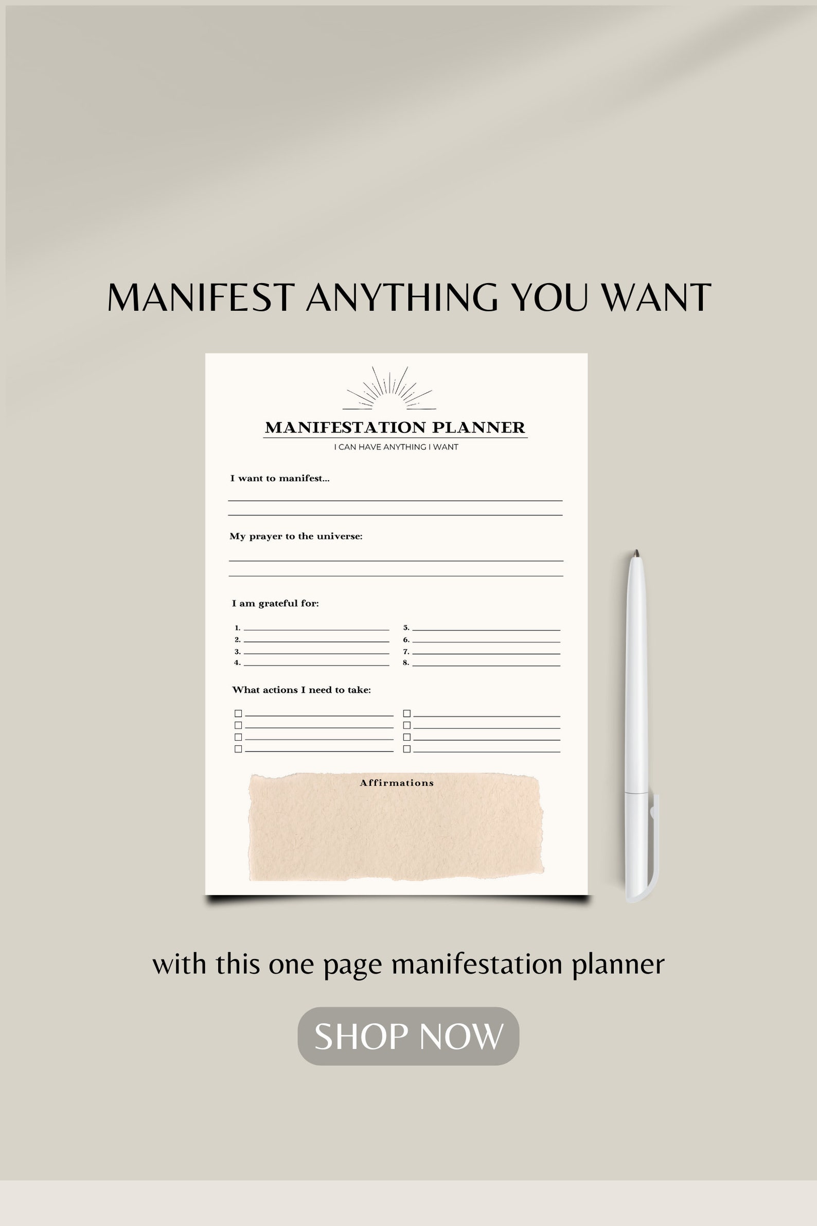 Simple One Page Manifestation Planner, Instant Download, Daily ...