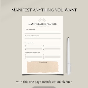 Simple One Page Manifestation Planner, Instant Download, Daily ...