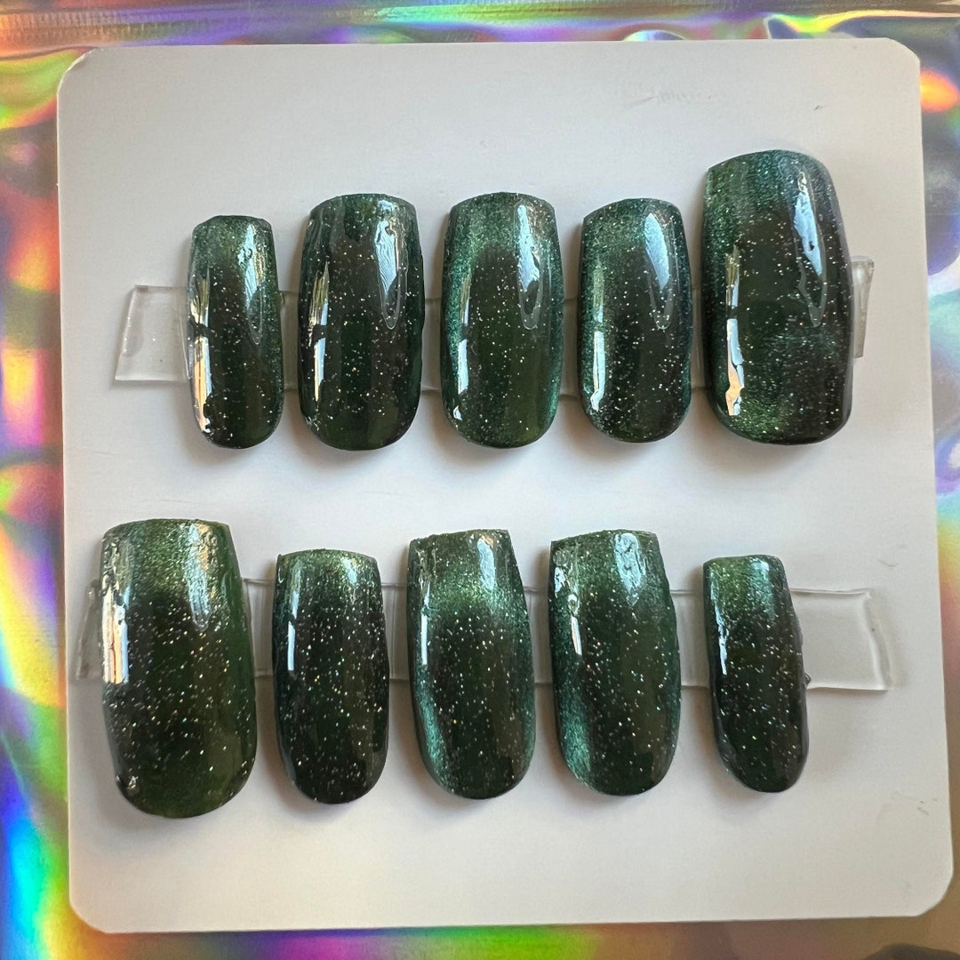 Seaweed Green Fluorescent Cat Eye Nails Ombre Sparkle French Tip Glam ...