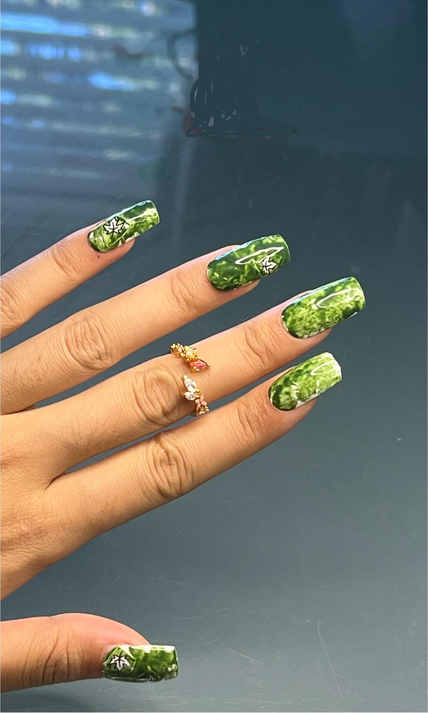 Forest Green Maple Leaves Nails | Fall Press on | Green Camouflage ...