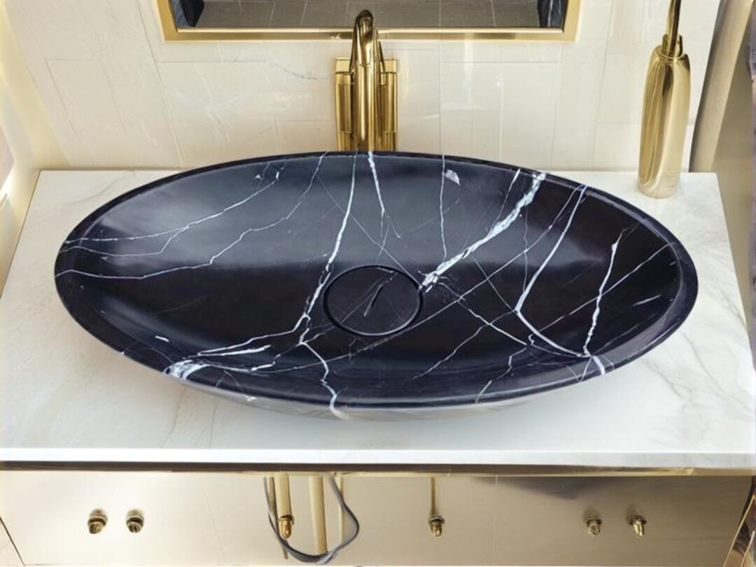 Elongated Freestanding Black Marquina Marble Sink Luxury Stone Bathroom ...