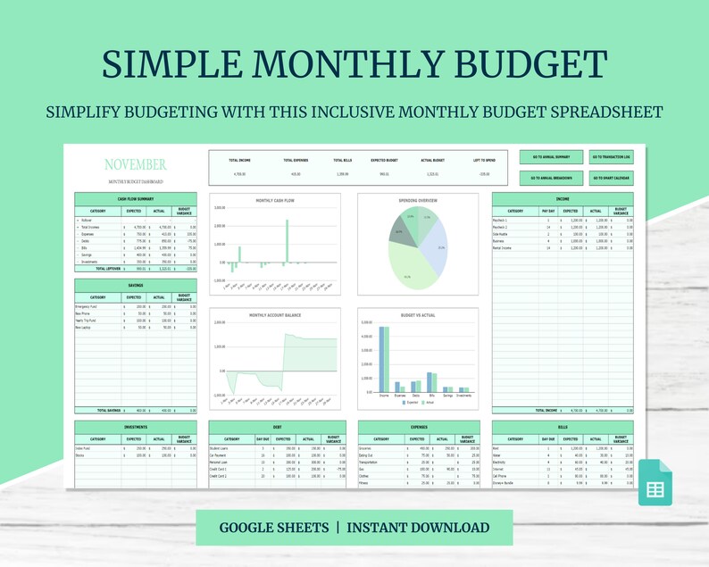 Simple Monthly Budget Spreadsheet Template for Google Sheets, Budget Planner, Financial Planner ...