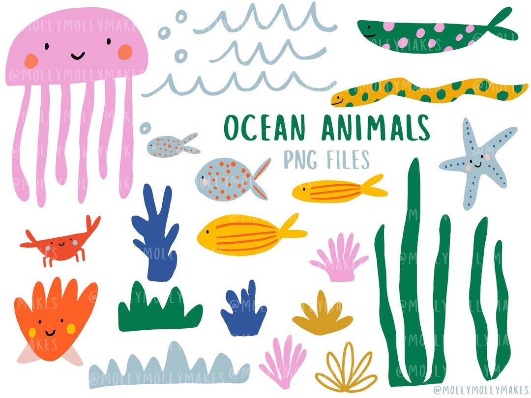 Ocean Animals Cute Sea Creatures Clip Art Set- Octopus, Crab, Eel, Clam ...