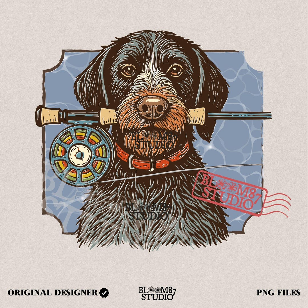 German Wirehaired Pointer PNG – Fly Fishing Dog With Rod & Hooked on Friendship Text for ...