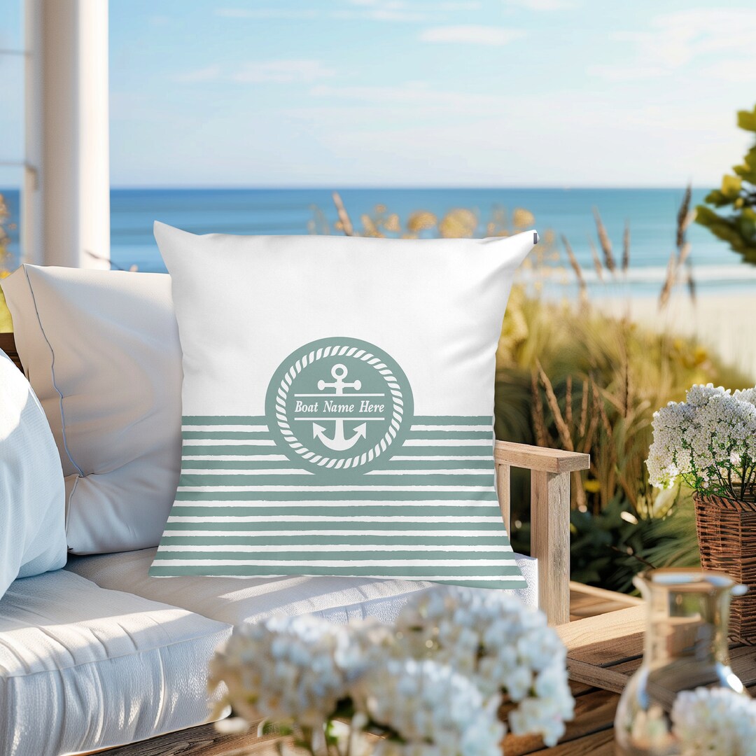 Personalized Seafoam Boat Pillow Custom Boat Name Cushion UV Water ...