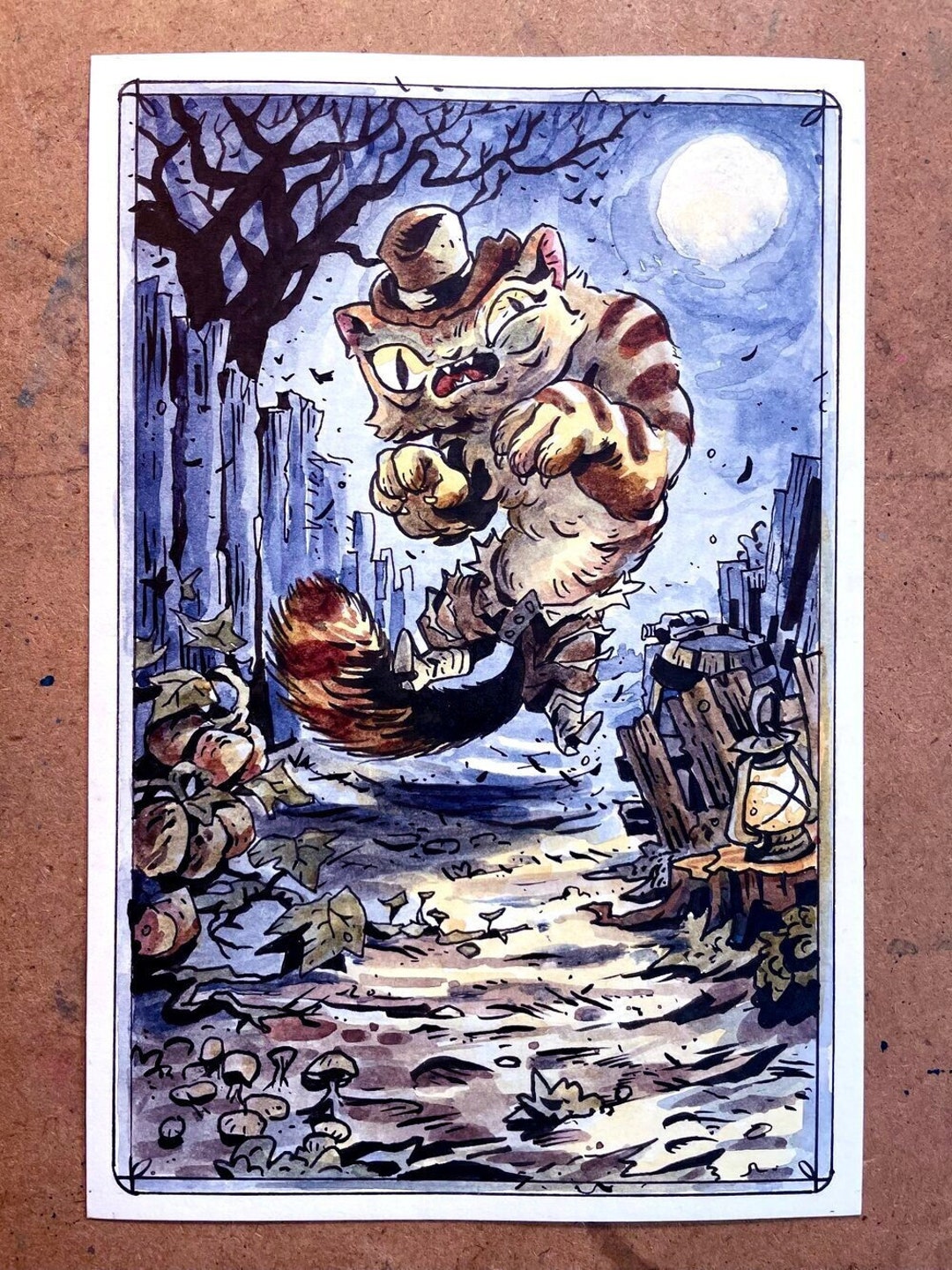 Original Ink & Watercolor Cat Painting Painting Titled, werecat ...