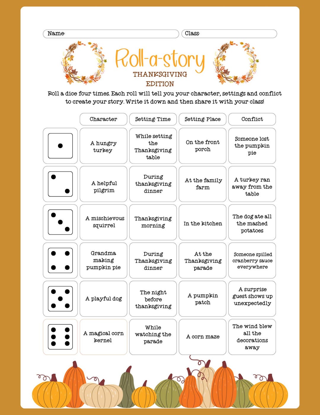 Thanksgiving Roll a Story | Printable Creative Writing Activity | Dice ...