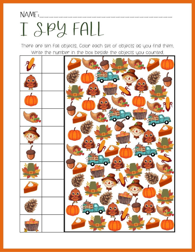 Fall I Spy Worksheet in Color, Thanksgiving Activity for Kids Printable ...