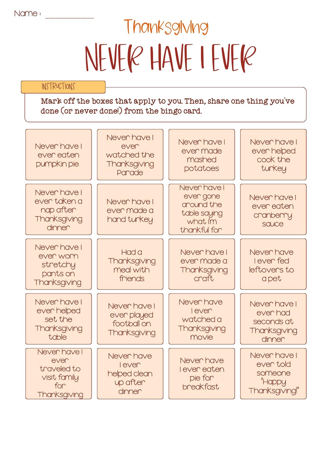 Thanksgiving Never Have I Ever Bingo | Classroom Icebreaker (canva ...