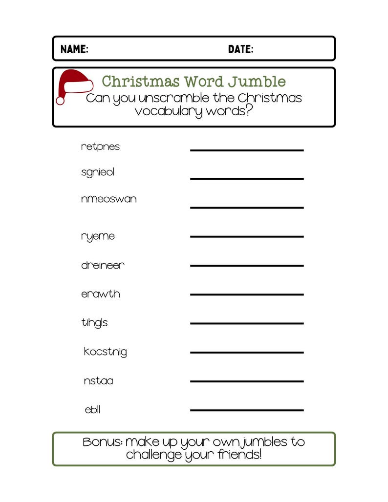 Christmas Word Scramble | Holiday Printable Puzzles (canva Template) - Etsy