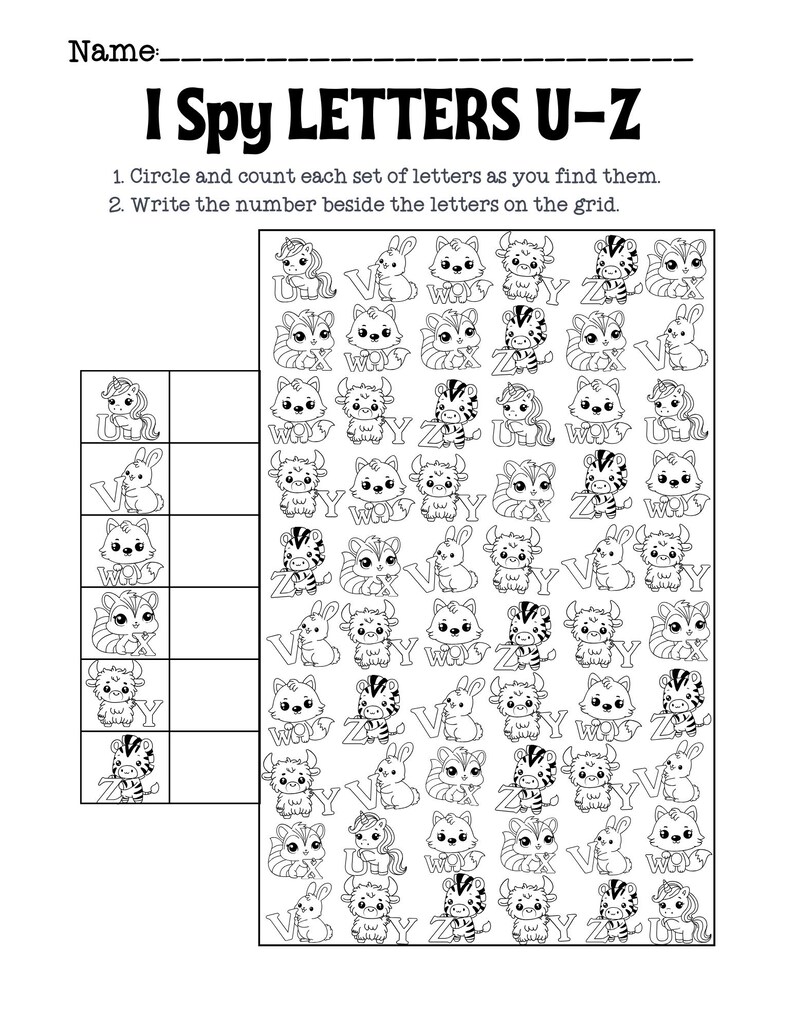 I Spy Alphabet Animals U–Z Worksheet | Letter Recognition Activity ...