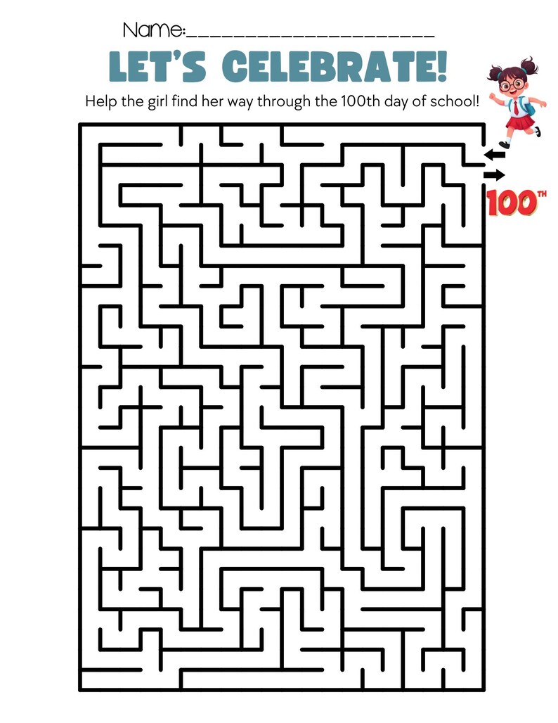 100th Day of School Maze Worksheet | Printable Classroom Activity ...