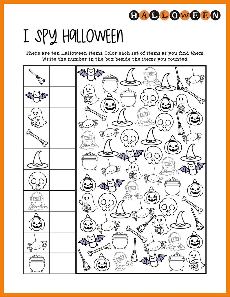 Halloween I Spy Worksheet: Kids Printable Activity | Canva Pro Required ...
