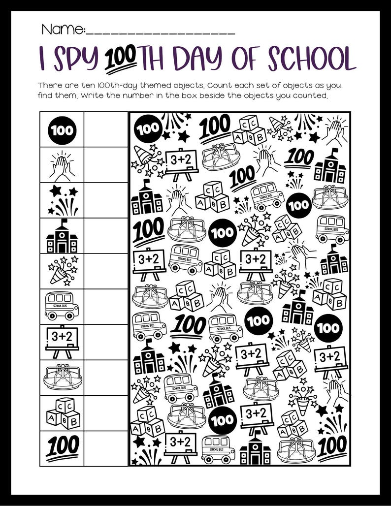 100th Day of School I Spy Worksheet | Printable Classroom Game (canva ...