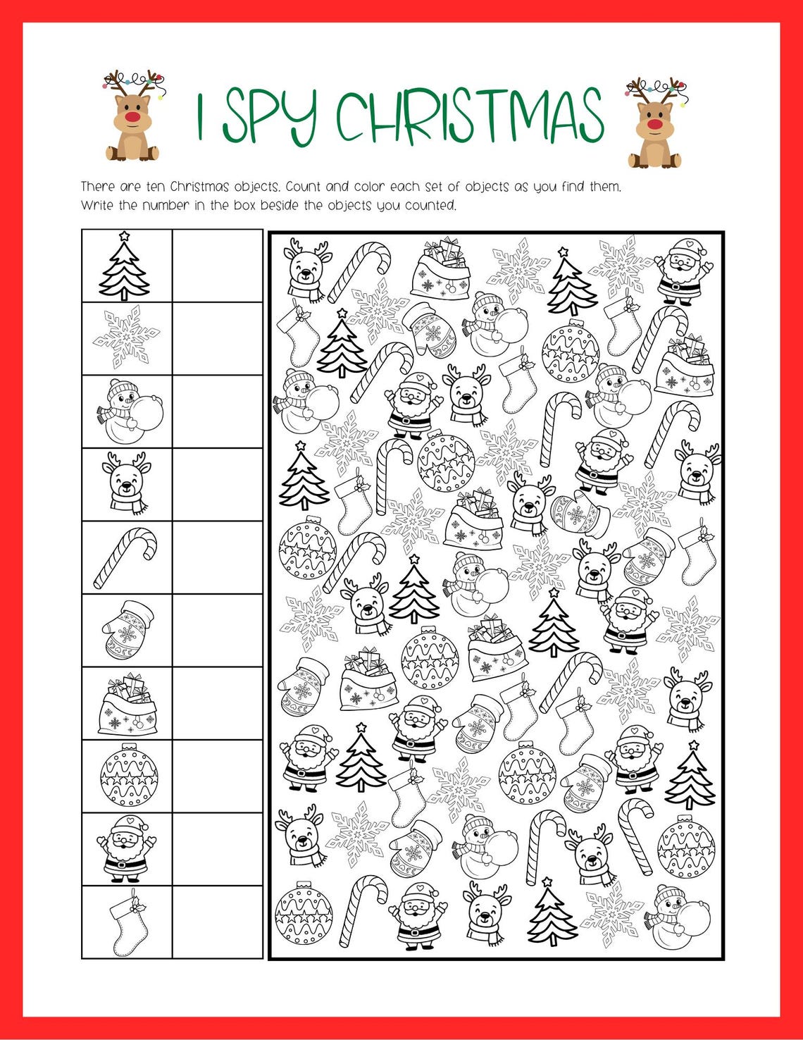 I Spy Christmas Worksheet | Holiday Counting Game (canva Pro Required ...