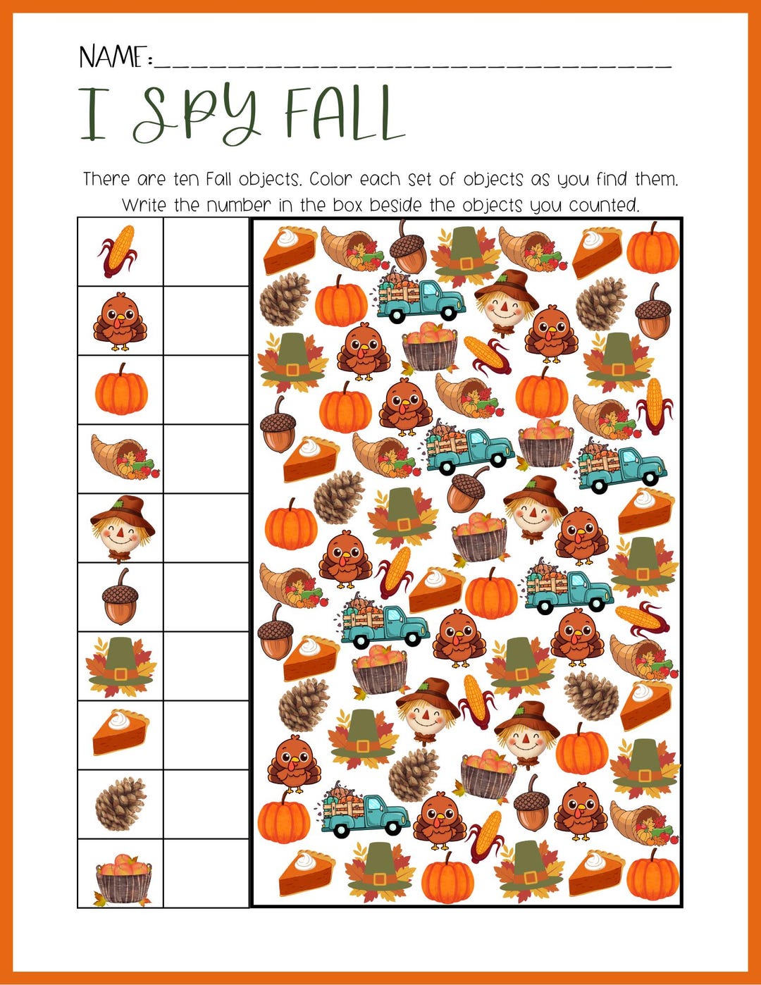 Fall I Spy Worksheet, Thanksgiving Activity (canva Pro Template) - Etsy