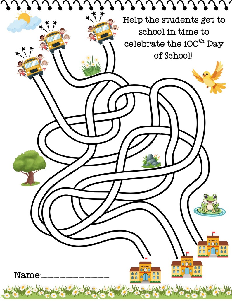100th Day of School Maze Worksheet | School Bus Puzzle (canva Pro ...