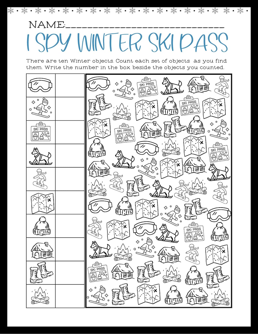 I Spy Winter Ski Worksheet | Search Game - Etsy